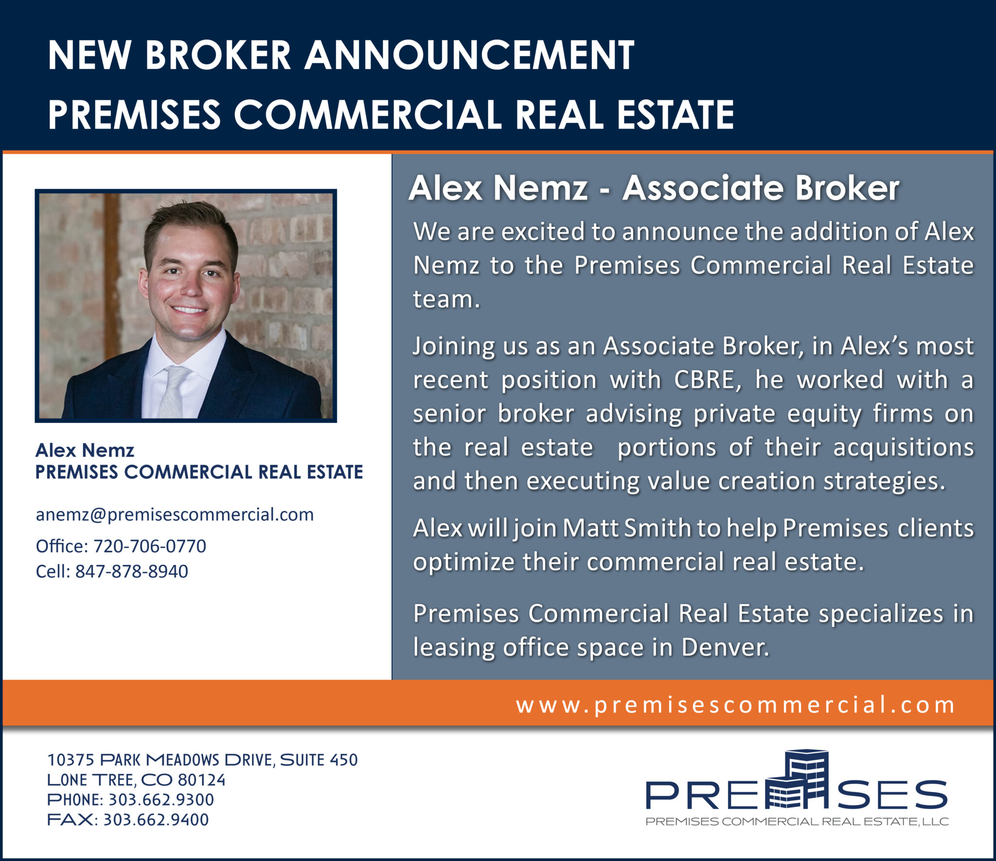 New Broker Announcement - Alex Nemz - Premises Commercial Real Estate